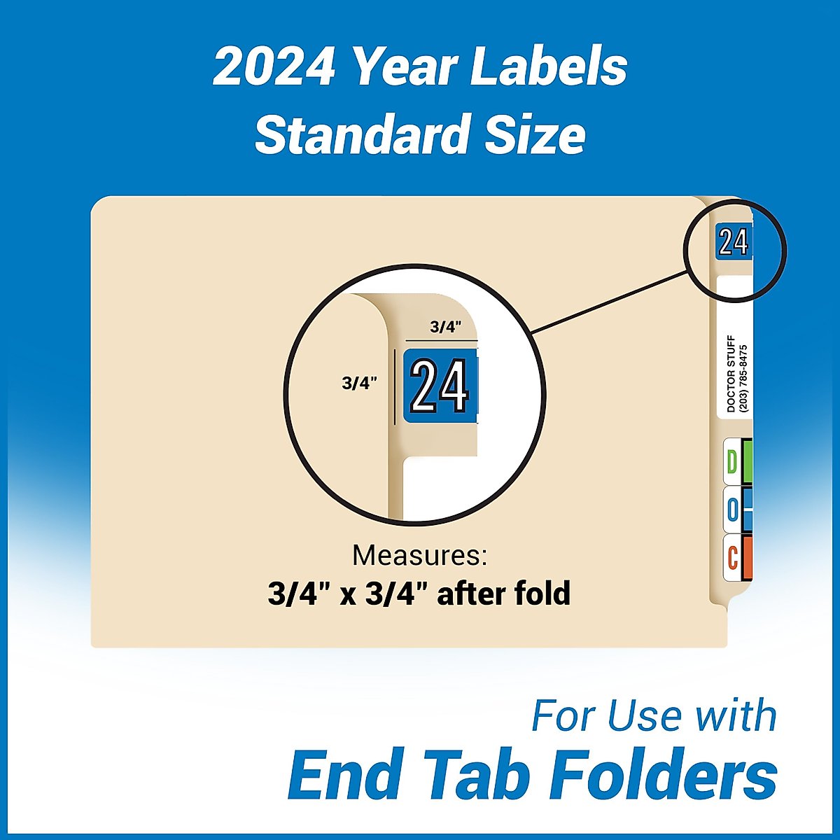 2024 Year Labels, Doctor Stuff 2024 Chart Stickers, Blue/Black Color Coded, Barkley FYCPM Style, USA Made Year Stickers for End Tab File Folders, 500/Roll, 1 Roll, 3/4" x 1-1/2"