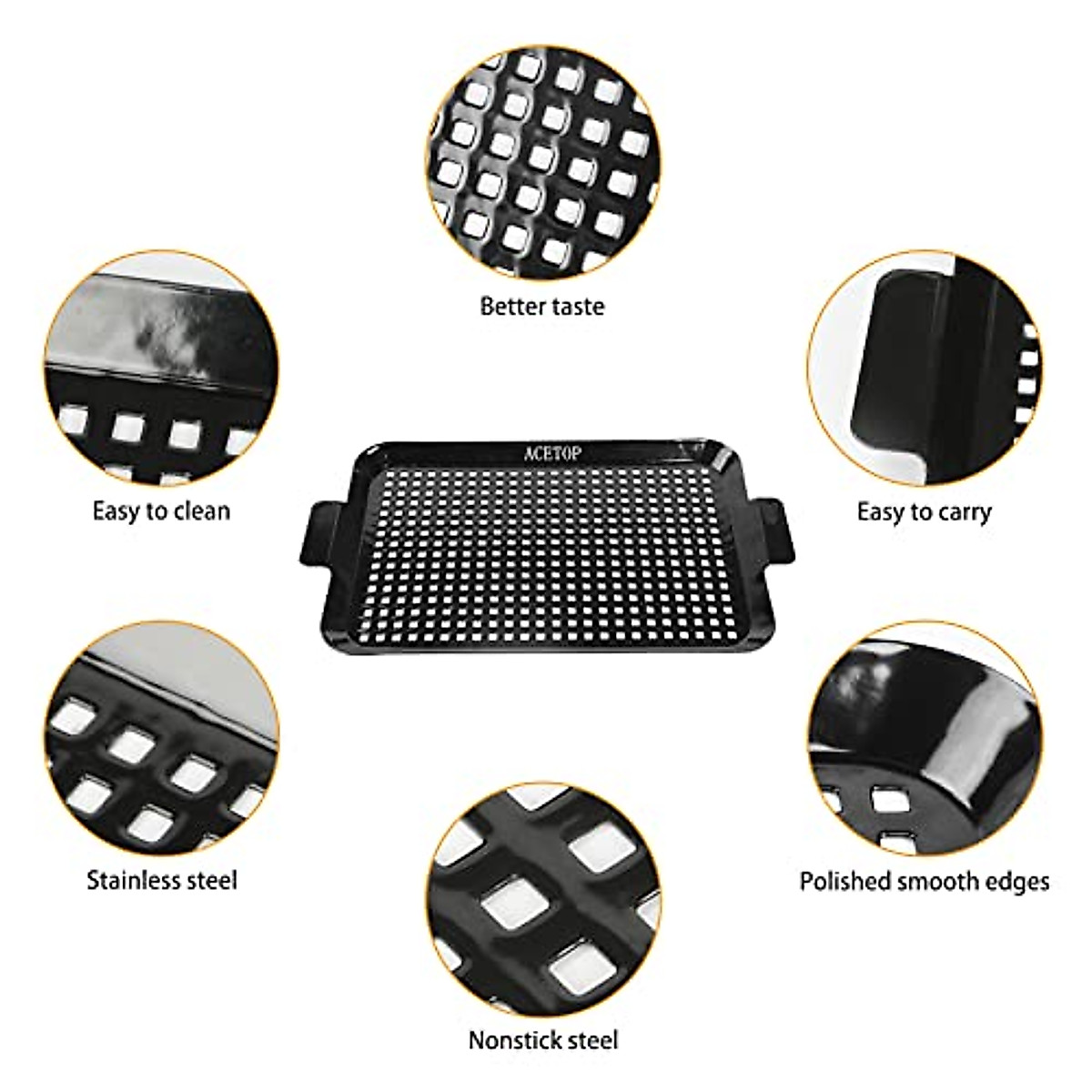 2PCS Grill Topper Pans BBQ ACETOP Nonstick Barbecue Grilling Baskets Outdoor Stainless Steel BBQ Grill Tray with Perforated Bottom for Indoor Camping Chicken Drumsticks Vegetable Shrimp Meat