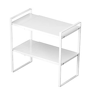 ZEKBEAN 2 Tier Expandable Cabinet Shelf Organizer Over the Sink Storage Rack Adjustable Countertop for Kitchen Bathroom Pantry Spice Cupboard Dish Cup Bottle Pot Metal Plate Heavy Duty Nonslip(White)