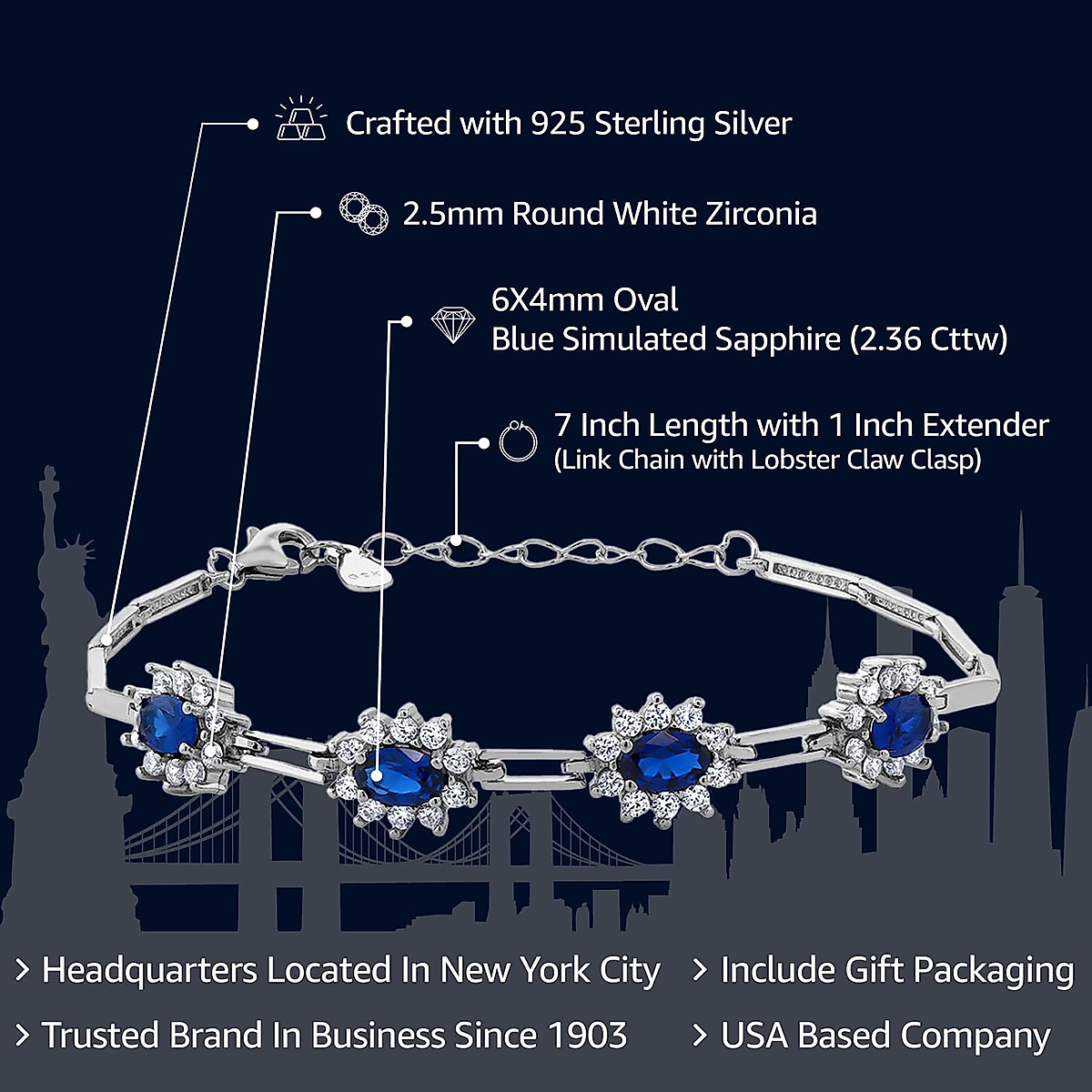 Gem Stone King 925 Sterling Silver Simulated Sapphire Tennis Bracelet For Women (2.36 Cttw, 7 Inch with 1 Inch Extender)