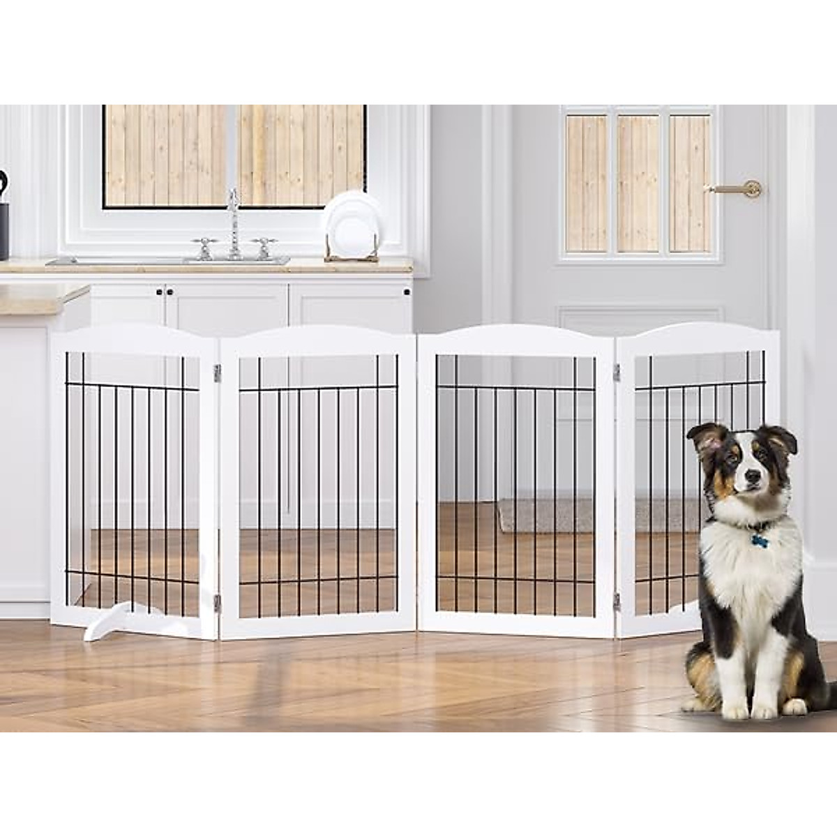 Spirich Free Standing Foldable Wire Pet Gate for Dogs, 80 inches Extra Wide, 30 inches Tall 4 Panels Dog Gate for the House, Doorway, Stairs, Pet Puppy Safety Fence,Set of Support Feet Included, White