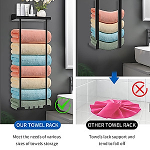 Filta Towel Rack with Shelf for Bathroom Wall Mounted,Retractable Height Metal Bath Towel Rack with Reliable Hooks Storage for Rolled Towel（Black）