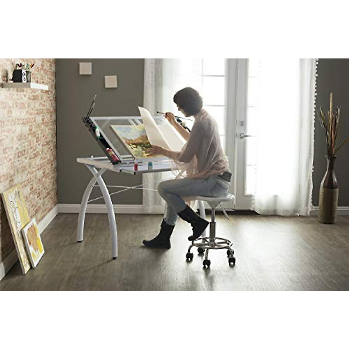 SD Studio Designs 10096 Futura Station with Folding Shelf Top Adjustable Drafting Craft Drawing Hobby Table Writing Studio Desk with Drawer, 35.5'' W x 23.75'' D, White/Clear Glass