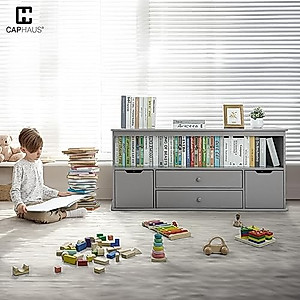 CAPHAUS Toy Storage Organizer with 4 Drawers, 52”W x 13”D x 24.4”H, Grey, Toy Organizer Bins, Toy Storage Organizer Bins with Shelf, Bookshelf for Reading, Storing, Playing, for Kids, Boys and Girls