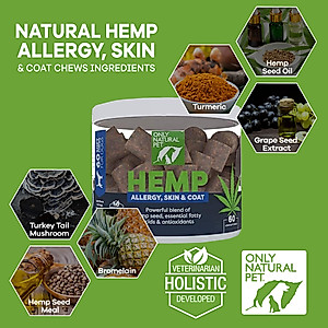 Only Natural Pet Allergy, Skin & Coat Hemp Soft Chews - Allergy Immune Bites for Dogs, Omega 3 Supplement, Hemp Oil - Calming Treats for Itchy Skin Relief, Hot Spot - (60 Count)