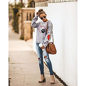 Love Heart Dog Paw Print Sweatshirts Women Long Sleeve Pullover Tops Casual Blouse Mother's Day Gray X-Large