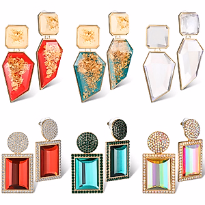 6 Pairs Rhinestone Rectangle Dangle Earrings Geometric Statement Earrings Bohemian Crystal Drop Earring for Women