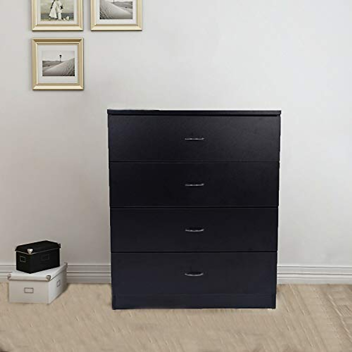 A Perfect Home Office Decoration MDF Wood, Fine Workmanship Black 4 Drawer Chest Dresser Clothes Storage Bedroom Furniture Cabinet Family Room Bedroom Living Room Beautiful Appearance