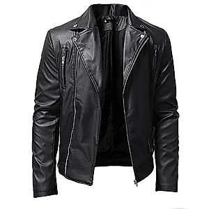 Mens Leather Motorcycle Jacket Vintage Lightweight Soft Patent Faux Leather Jacket Slim Lapel Zip Long Sleeve Jacket(Black,Large)
