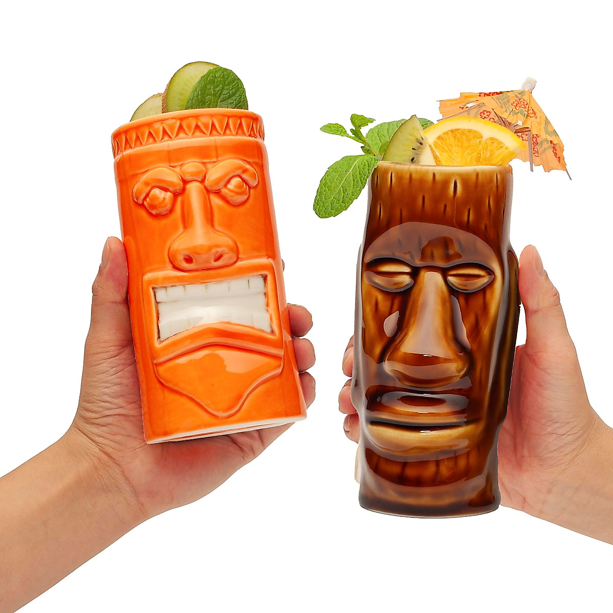 LEMONSODA Hard-Carved and Hand-Painted Tiki Mugs Assorted Cocktail Set of 8 - Ceramic Hawaiian Luau Party Mugs Drinkware, Cute Exotic Cocktail Glasses, Tiki Bar Hawaiian Party Barware - 18-23.5oz