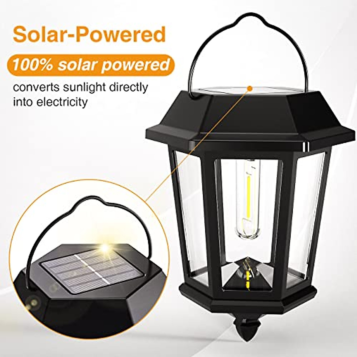 2 Pack Solar Lanterns Outdoor Waterproof Hanging Lights, Metal Solar Hanging Lanterns Outdoor with Clear Glass & Hook, Anti-Rust LED Solar Wall Lantern Sconce Light Fixture for Garden, Porch, Fence