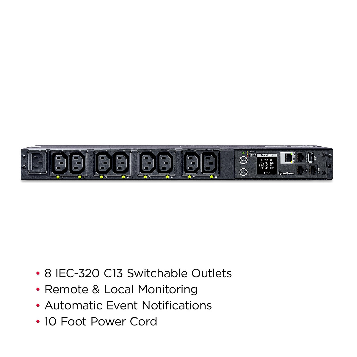 CyberPower PDU41004 Switched PDU, 100-240V/12A, (Derated to 12A UL /10A CE), 8 Outlets (C13), Input (C14) 10 ft. Cord, 1U Rackmount, 3 Year Warranty - Black