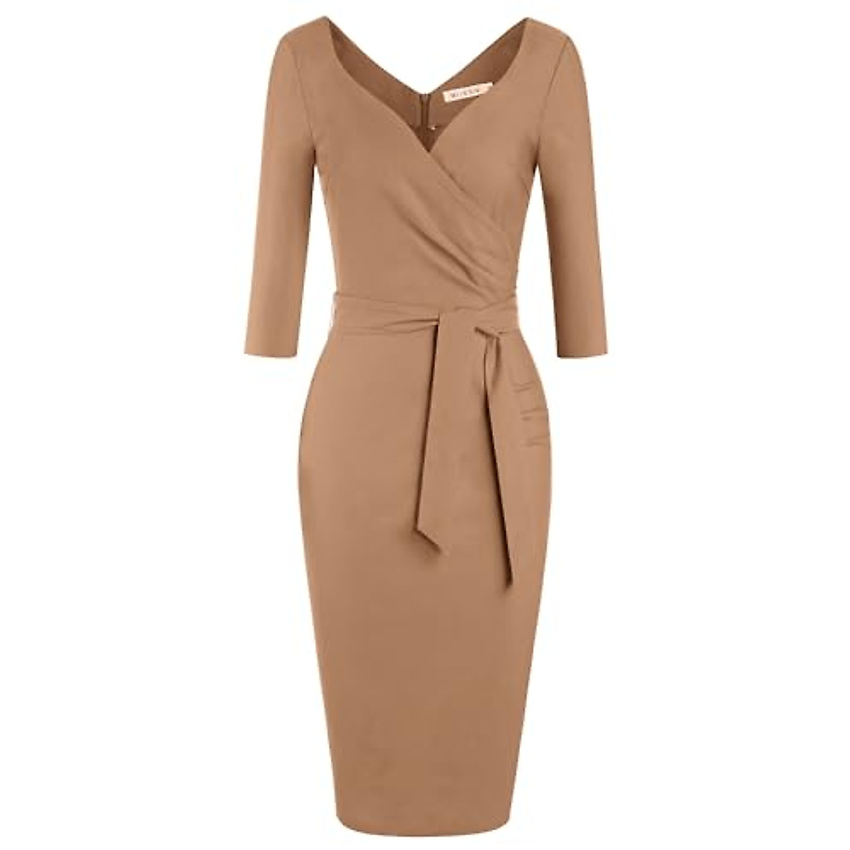 MUXXN Ladies Retro Cut Out Neck Elbow Sleeves Graduation Party Pencil Dress (Camel L)