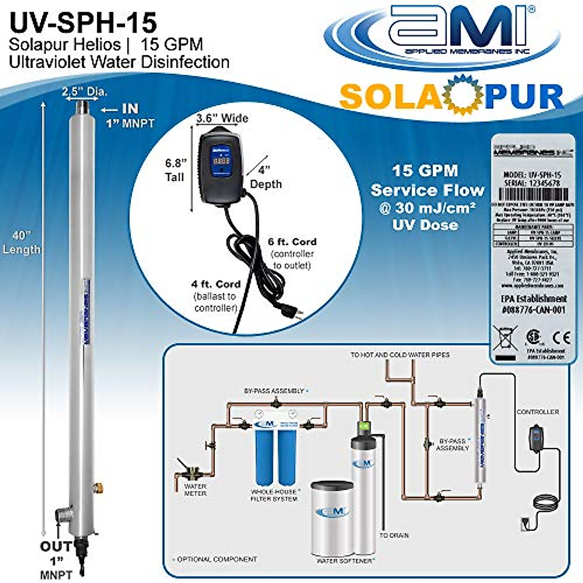 APPLIED MEMBRANES INC. Solapur Whole House Ultraviolet Water Purifier UV Sterilizer for Point of Entry Drinking Water Purification | 15 GPM | Helios Series UV-SPH-15