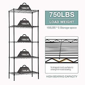 FDW 14Dx24Wx60H Wire Rack 5 Shelf Storage Unit Wire Shelving Unit Metal Shelf Organizer Heavy Duty Certification Commercial Grade Rack Utility for Bathroom Office Kitchen (Black)