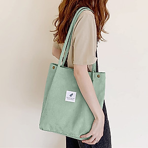 ALUWU Corduroy Tote Bag for Women Girl Casual Work Canvas Shoulder Handbags Cute Purse Light Green