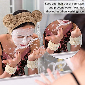 AHONEY Spa Bear Ears Headband, Face Wash Headband and Wristband Set, Cute Makeup Skincare Headbands Wrist Bands for Washing Face Elastic Fluffy Headband for Women Girls Cosmetic (Khaki)
