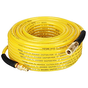 YOTOO Reinforced Polyurethane Air Hose 1/4" Inner Diameter by 100' Long, Flexible, Heavy Duty Air Compressor Hose with Bend Restrictor, 1/4" Swivel Industrial Quick Coupler and Plug, Yellow