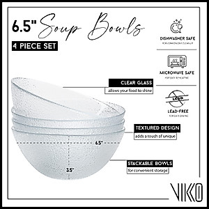 Vikko Soup Bowls, 6.5 Inch Salad Bowls, Glass Soup Bowls, Elegant Textured Glass Bowls, Set of 4, Dishwasher Safe