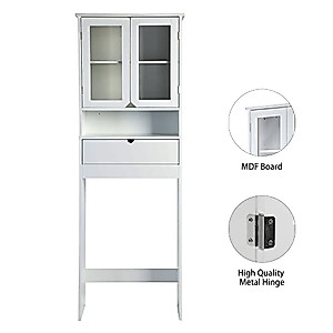 HOME BI Over The Toilet Storage Cabinet, Free Standing Toilet Rack with Drawer and Acrylique Doors for Toilet Shelf (White)