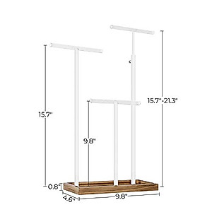 SONGMICS 2-in-1 Jewelry Display Stand Holder, Jewelry Rack Tree with 3 T-Shape Metal Bars with Holes, Storage Tray, Adjustable, Long Necklace Bracelet Earring Ring, Rustic Brown and White UJJS016W01