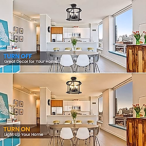 Farmhouse Semi Flush Mount Ceiling Light Fixture, 4-Light Industrial Ceiling Light Matte Black w/ E12 Base Metal Rustic Vintage Chandelier Lighting for Kitchen Dining Room Hallway Entryway Bedroom