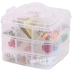RainbowBaby 3-Tier Stackable Storage Box Organizer, 18 Adjustable Compartments, Small Plastic Craft Case Container Bins for Sewing Accessories, Jewelry Beads Arts and Crafts Beauty Supplies (Pink)