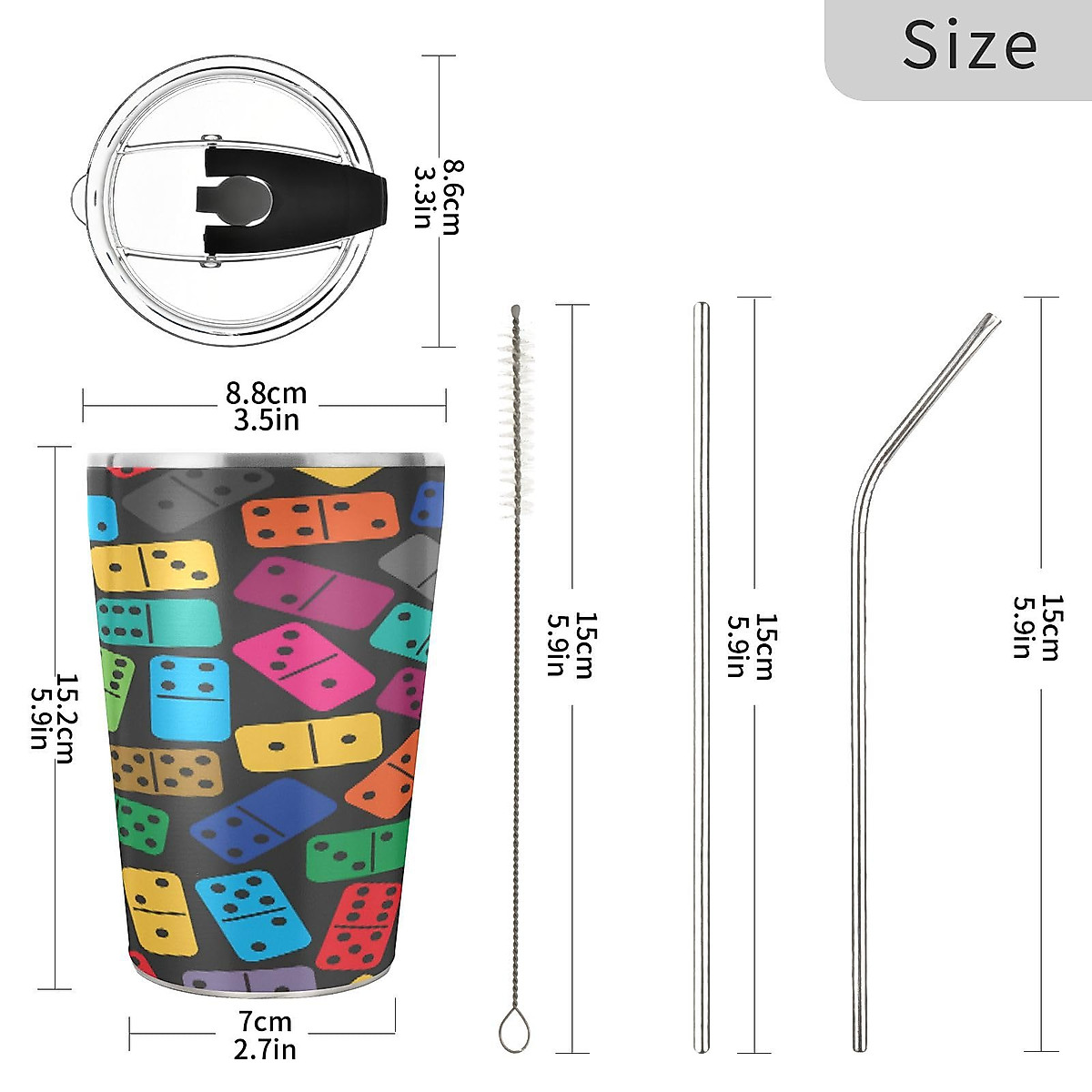 Color Dominoes Tumbler Stainless Steel Insulated Cup Travel Mug for Coffee Double Wall Vacuum Thermos with Straw and Lid 11oz