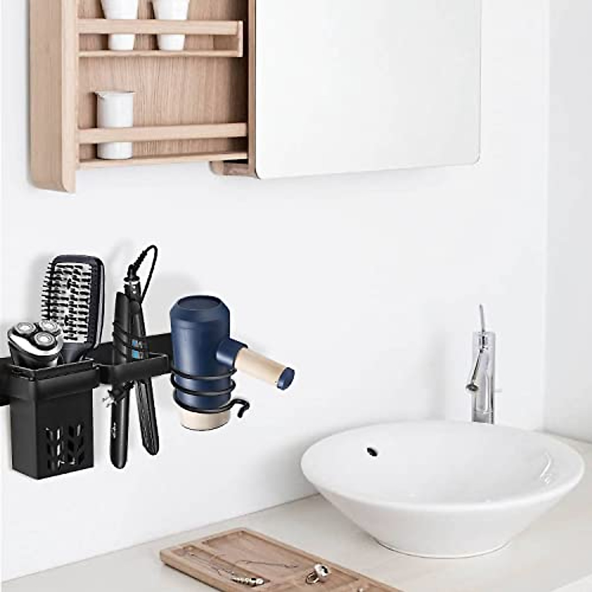 Hoteelee Hair Dryer Holder Wall Mounted,Bathroom Hair Tool Organizer for Blow Dryer Hair Straightener Bedroom Hanger Rack Aluminum Space Saving Storage Bracket with Plug Hook & Cup (Black)