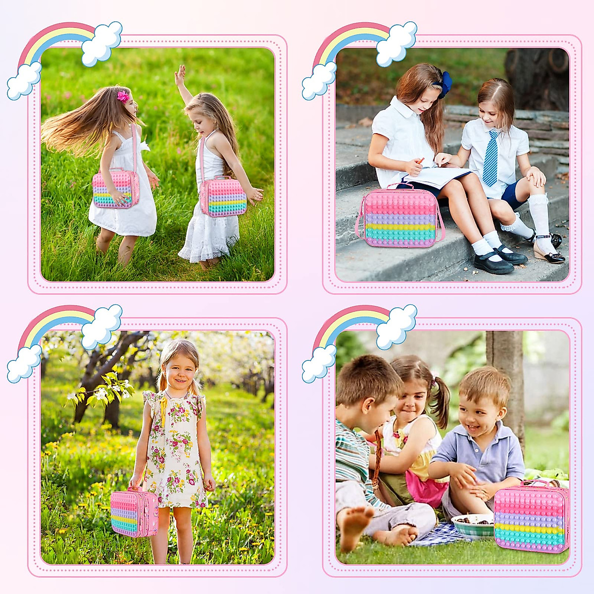 MOVCZON Rainbow Lunch Box for Girls Kids Lunch Bag Set School Supplies for Kids Insulated Lunch Tote Bag- Picnic Leakproof Cooling Lunch Containers with Adjustable Shoulder Strap Back to School