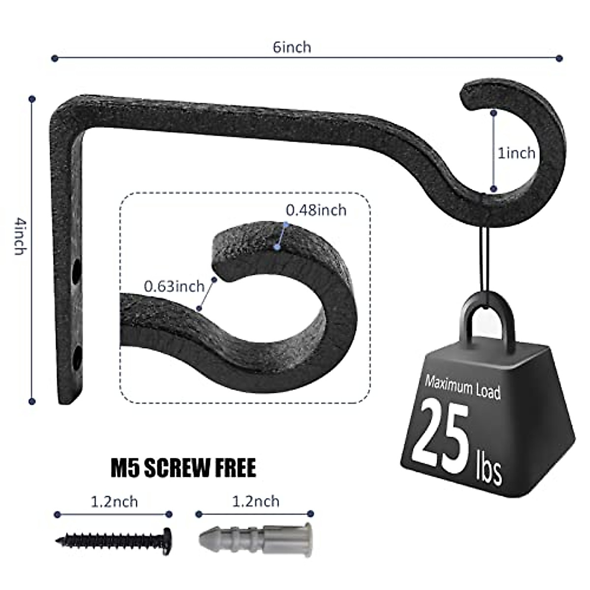 Hanging Plant Bracket for Wall Hooks, 6 Inch Metal Plant Hook Decorative Wall Plant Bracket for Hanging Bird Feeders, Flower Baske, Lanterns, Wind Chimes, Home Decor Indoor & Outdoor 2 Pack, Black