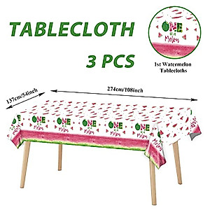 3pcs One in A Melon Party Tablecloths Watermelon First Birthday Party Supplies Watermelon Table Cover Decoration Plastic Disposable Summer Party Tablecloths Watermelon Party Favors,108 inch*54 inch