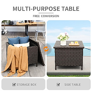 WAROOM Outdoor PE Wicker Side Table with Storage Patio End Table Resin Rattan Storage Table for Garden Backyard Porch Poolside, Brown