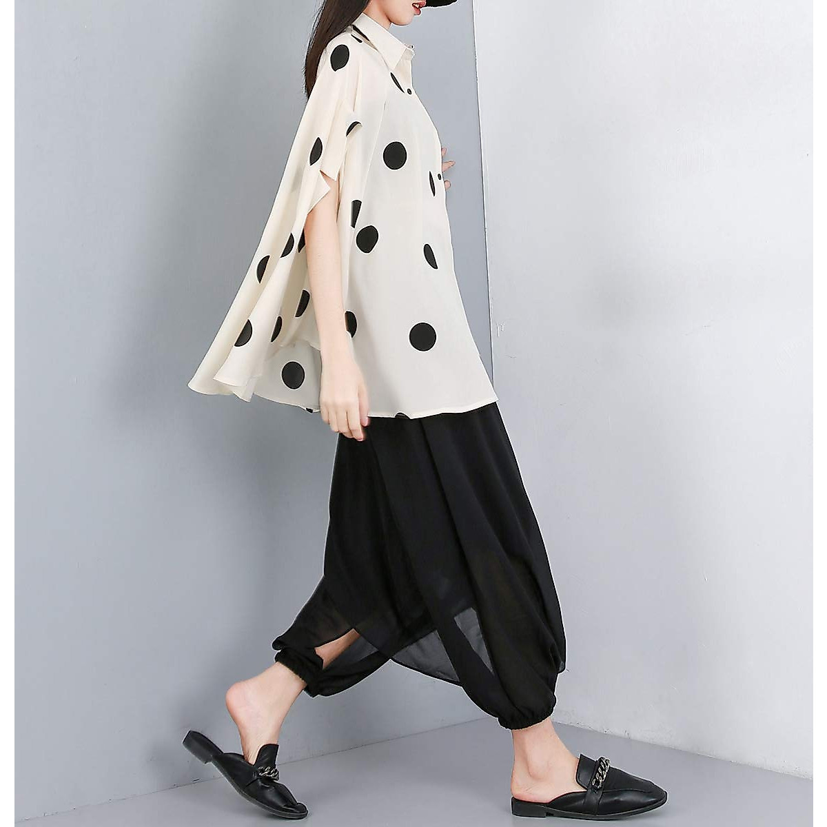 ellazhu Women's Batwing Sleeve Polka Dot Printed Button Down Blouse Oversized Shirt Top for Summer GY1903 White