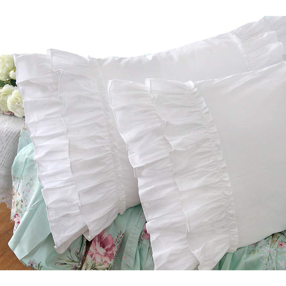 Queen’s House White Ruffle Pillow Shams Set of 2 Cotton Shabby Pillowcases Feminine Pillow Cover King Size