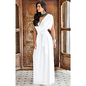 KOH KOH Womens Long Semi-Formal Short Sleeve V-Neck Full Floor Length V-Neck Flowy Cocktail Wedding Guest Party Bridesmaid Maxi Dress Dresses Gown Gowns, Ivory White M 8-10