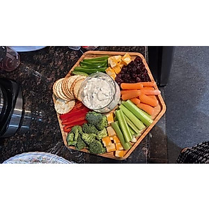 PAFREWOG Bamboo Serving Trays Cutting Boards 16.5"x11.8"（42x30cm with Handle, Set Includes 0.63"(1.6cm) Thick Plates Hexagon 12.5"(32cm)+Square 7.8"(20cm)+Circle 7.8"(20cm) for Family Dinner Time