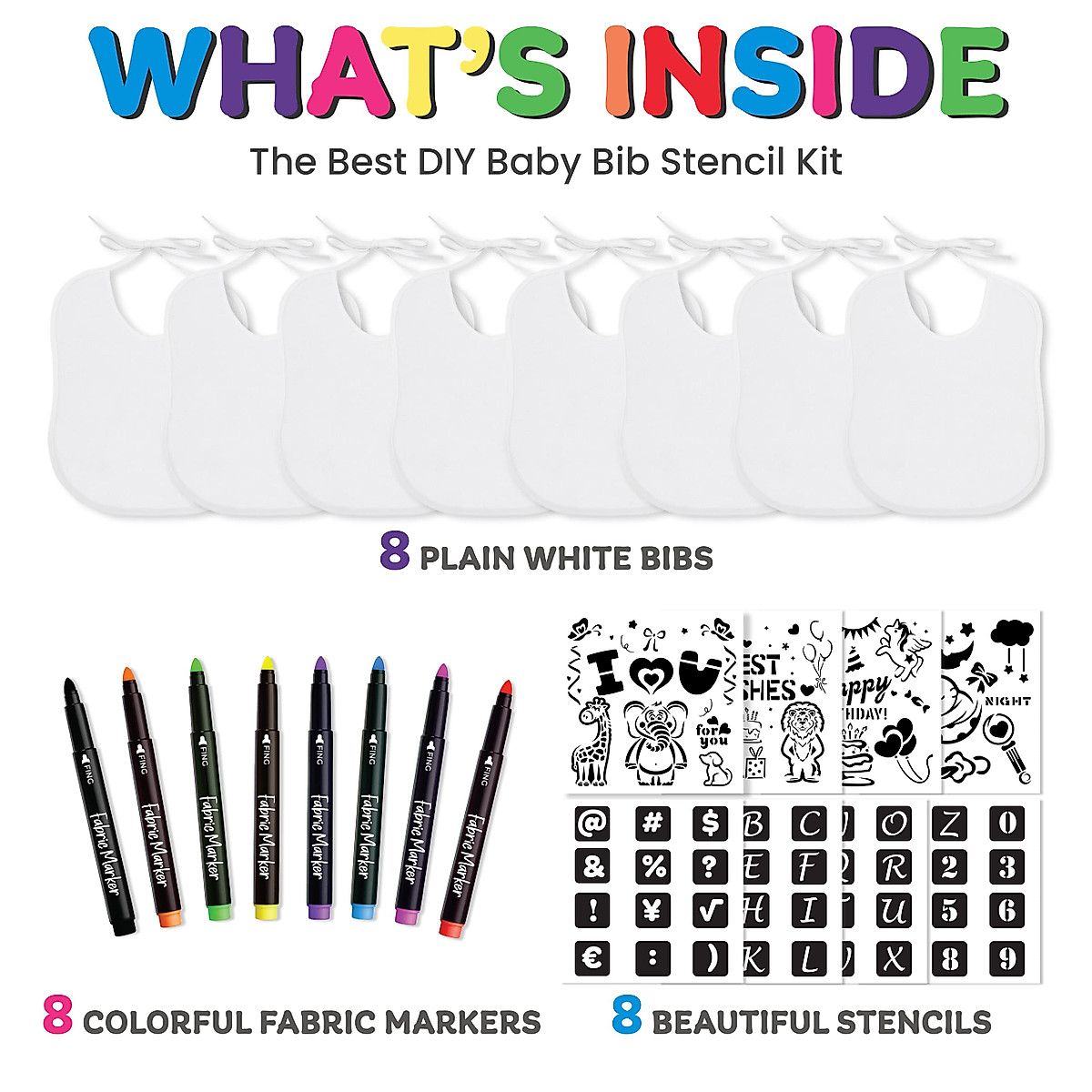 Baby Bibs Set - 2 Ply Knit Terry Solid White Feeder Bibs - Kit Includes, 8 Bibs, 8 Fabric Markers, 8 Stencils, Baby Gifts - Registry For Baby - Gender Reveal - Gift for Baby Party - Baby Shower Game