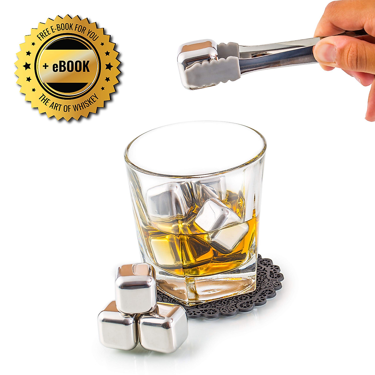 𝗕𝗘𝗦𝗧 𝗚𝗜𝗙𝗧: Exclusive Whiskey Stones Gift Set - High Cooling Technology - Reusable Ice Cubes - Stainless Steel Whisky Rocks - Whiskey Gifts for Men - Regalos para Hombre - Coasters + Ice Tongs