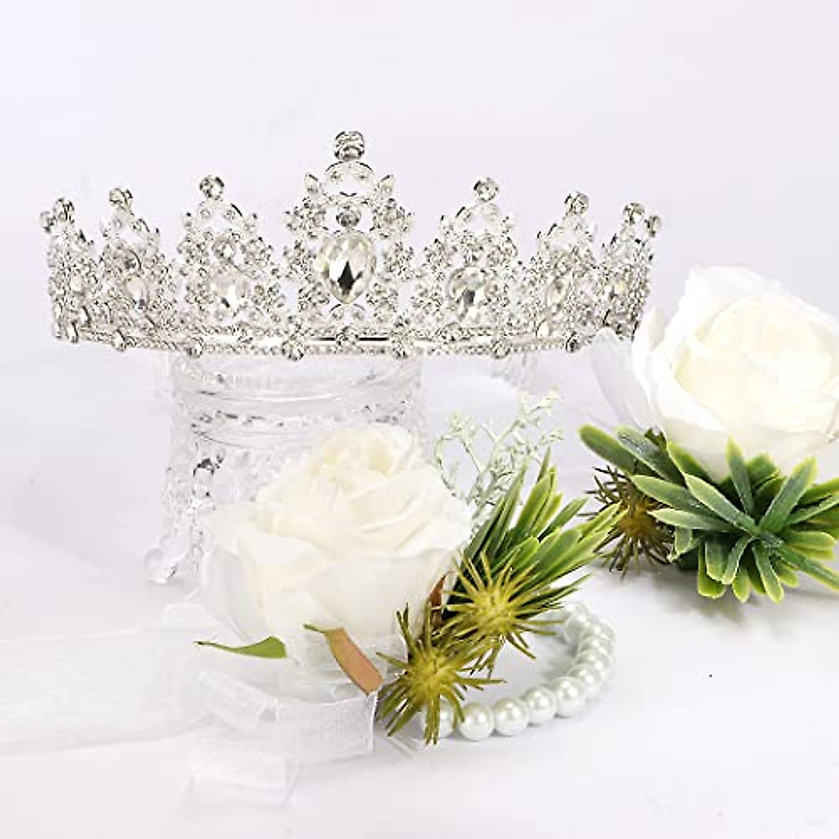 AOPRIE Corsage and Boutonniere Set Artemis Comb Tiara and Crown for Women Bride Flower Wristlet Band Bracelet of Wedding Accessories Man Suit Decorations Favor Gift