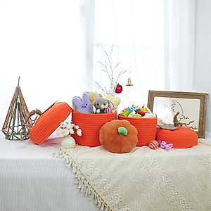 LAZYWON Small Storage Basket with Lid 2 Pack, Cute Halloween Pumpkin Gift Basket Empty Rope Woven Baskets for Organizing Candy Easter Egg Mini Dog Toy Basket Organizer Bins Christmas Decorative Basket