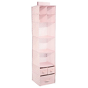 mDesign Fabric Hanging Organizer - Over Closet Rod Storage with 7 Shelves and 3 Removable Drawers for Baby Nursery Bedroom Organization - Hold Clothes, Linens, Toys, Accessories - Pink/White Polka Dot