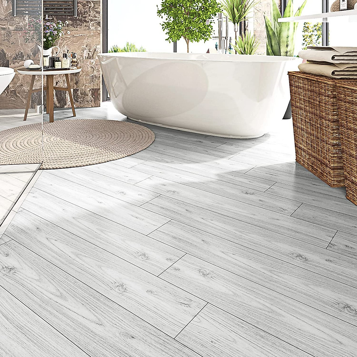 FunStick 6"x36" 15 Tiles Natural Wood Peel and Stick Floor Tile White Wood Vinyl Plank Flooring Peel and Stick Wood Planks for Walls Waterproof Stick on Laminate Flooring Tiles for Bathroom Bedroom RV