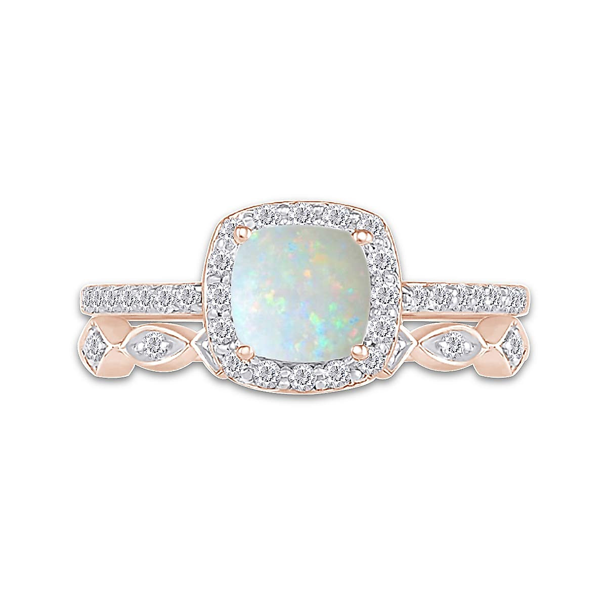Cushion Cut Lab Created Opal And 0.25 Cttw White Natural Diamond Frame Art Deco Bridal Set Engagement Ring In 10k Solid Rose Gold Ring Size-7