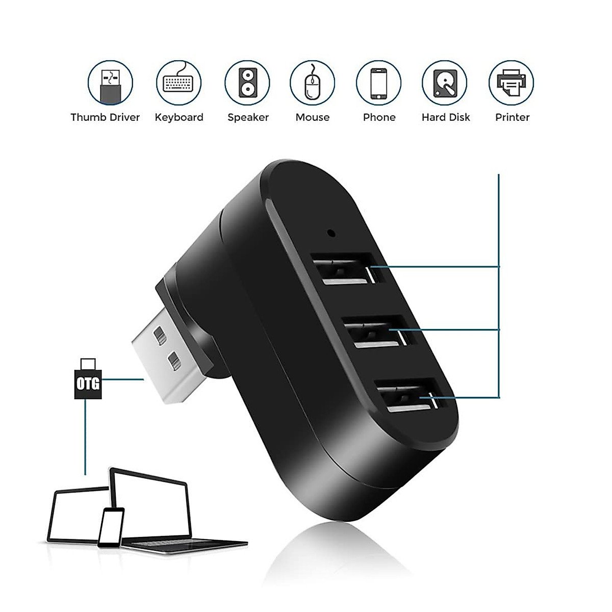 TXY Universal Mini Rotatable 1 Port USB 3.0, 2 Port USB 2.0 Hub High Speed Data Transfer Splitter Box Adapter USB Expander for PC Laptop (Black)