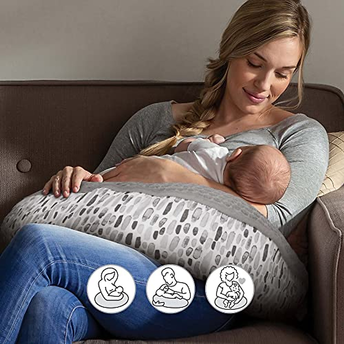 Boppy Nursing Pillow Luxe Support , Gray Brushstroke Pennydot, Ergonomic Nursing Essentials for Bottle and Breastfeeding, Firm Fiber Fill, with Soft Removable Nursing Pillow Cover, Machine Washable