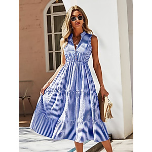 Floerns Women's Striped Print Notched Neck Sleeveless Ruffle A Line Midi Dress Blue and White XL