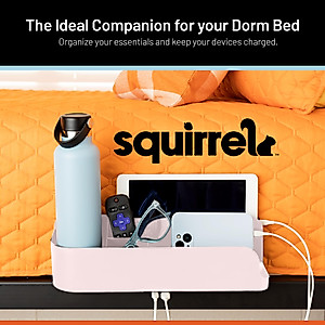 Squirrel-Bedside Perch for College Dorm Room Lofted Bed, Floating Organizer with USB-C & A Charging Ports, Small Spaces, Bed Side Caddy & Nightstand, Device & Bottle Holder, Dorm Essential, Pink