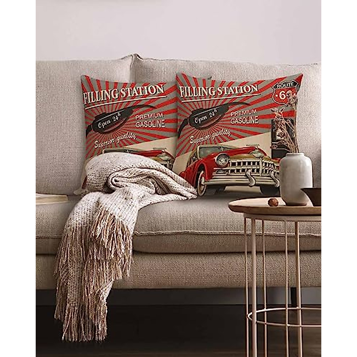 Set of 2 Throw Pillow Covers Square Pillow Case Retro Filling Station Car Posters Cotton Linen Cushion Case Pillowcase for Sofa Couch Bed, Living Room Bedroom Decorative, 16 x 16 Inches