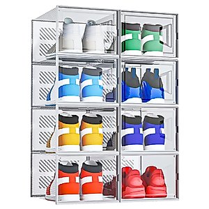XX-Large Foldable Shoe Storage Box, 8 Pack Shoe Boxes Clear Plastic Stackable, Shoe Organizer for Closet , Sneaker Storage for Sneakerheads,Shoe Rack Bin Boot Storage, Fit for Men/Women US Size 14
